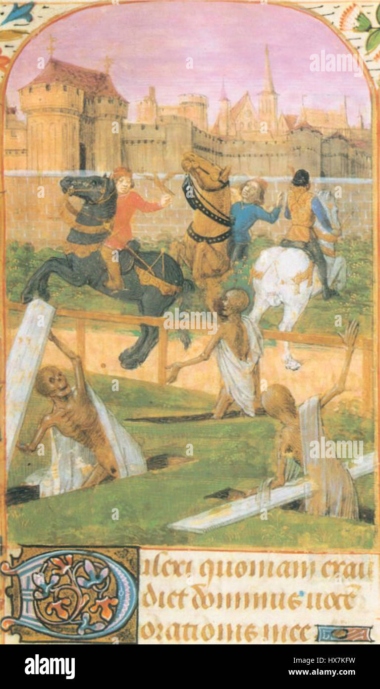 This artwork, titled 'The Three Living and Three Dead,' is a medieval ...