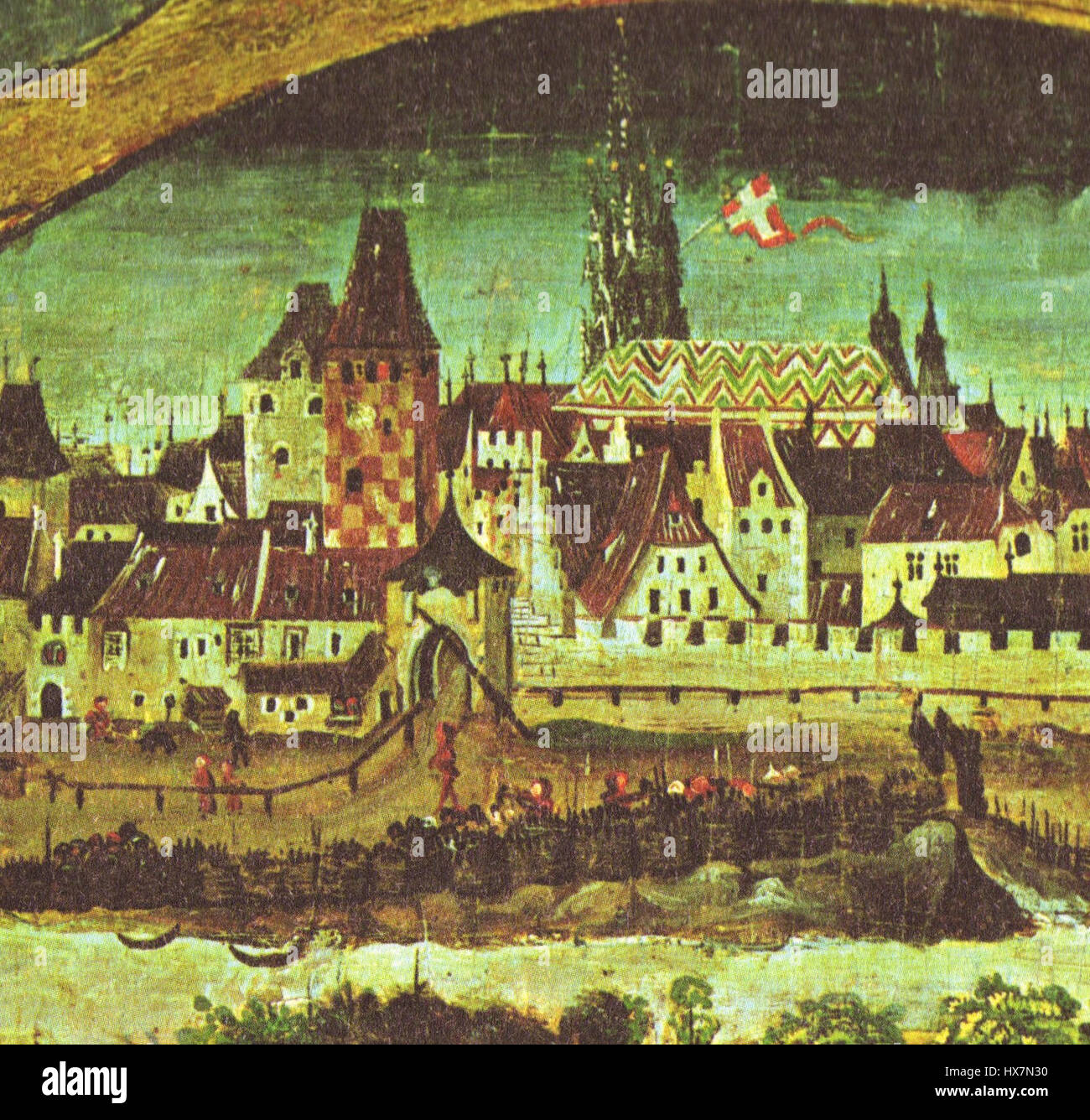 The 'Wien Roter Turm um 1490' is a historical depiction of the Red ...