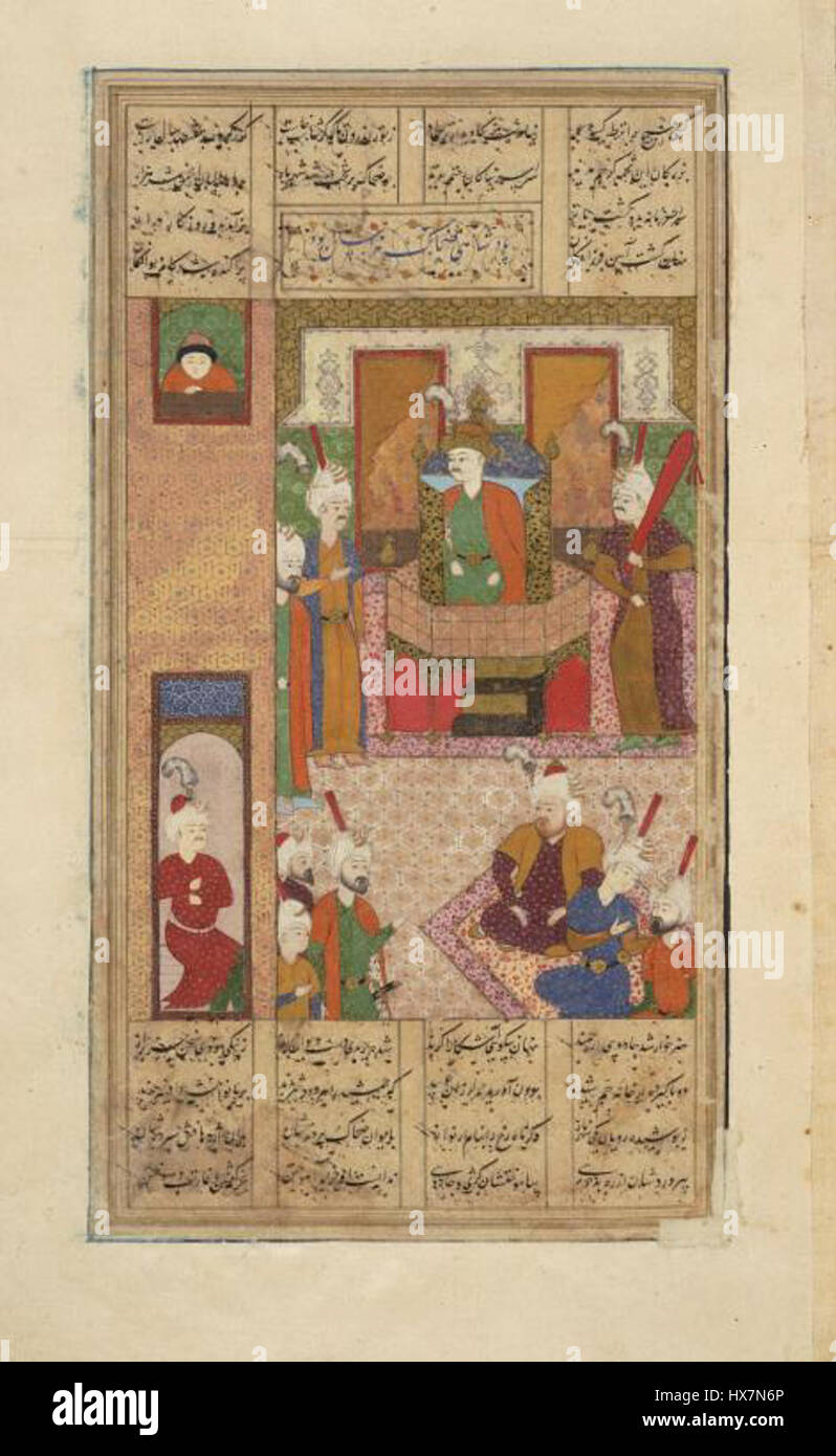 Zahhak, a figure from Persian mythology, is depicted enthroned in this ...
