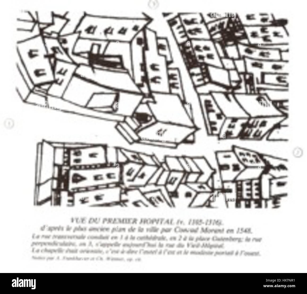 'Vue du premier hôpital de Strasbourg' is a historical view of the ...