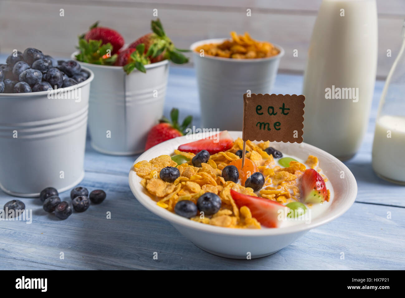 Healthy breakfast ready to eat on old wooden table Stock Photo - Alamy