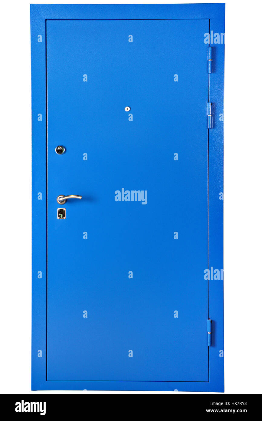 Blue steel reinforced security entrance door, isolated on white ...