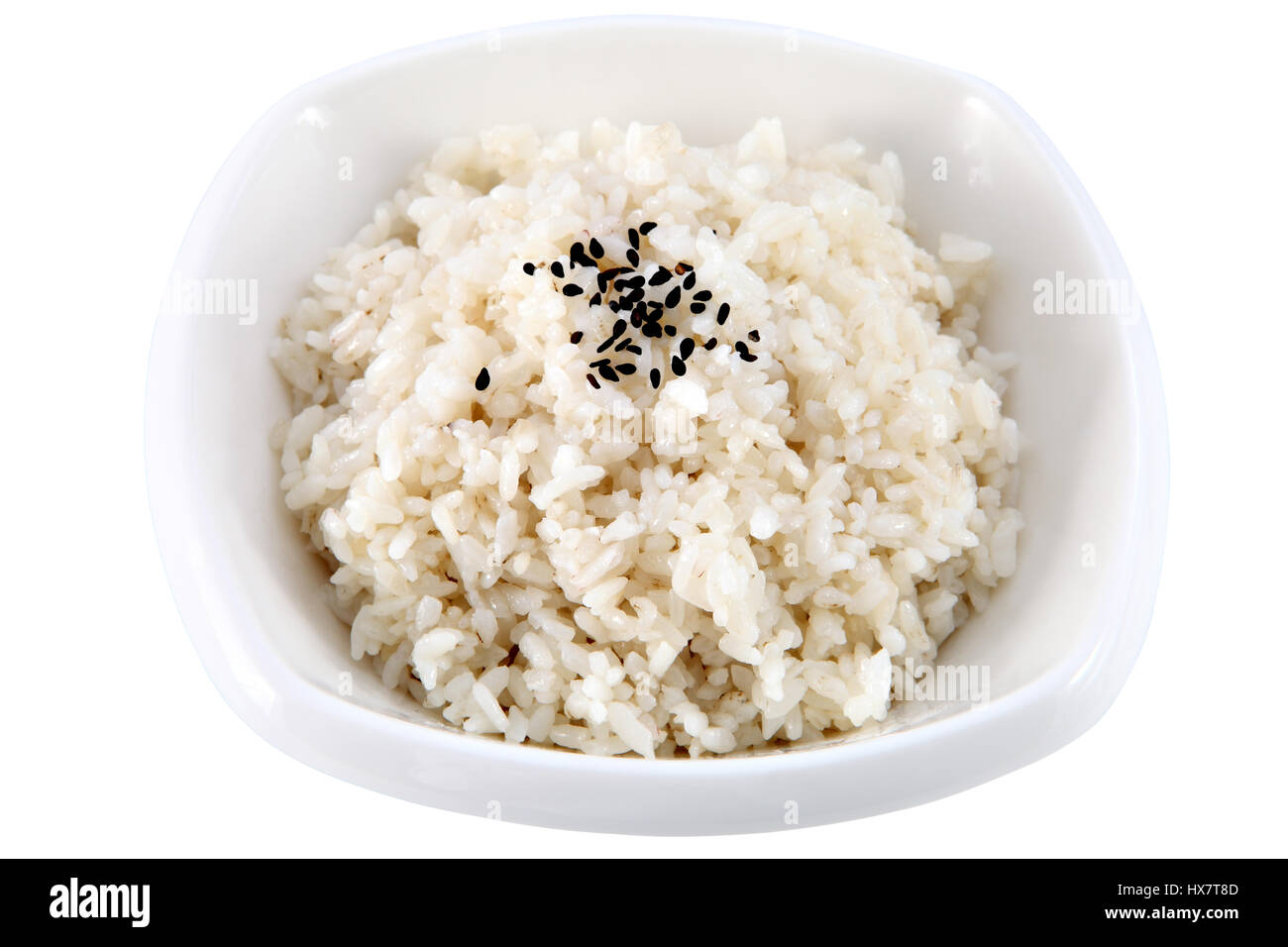 Asian cuisine, cooked rice in a deep dish, nothing but rice, isolated ...