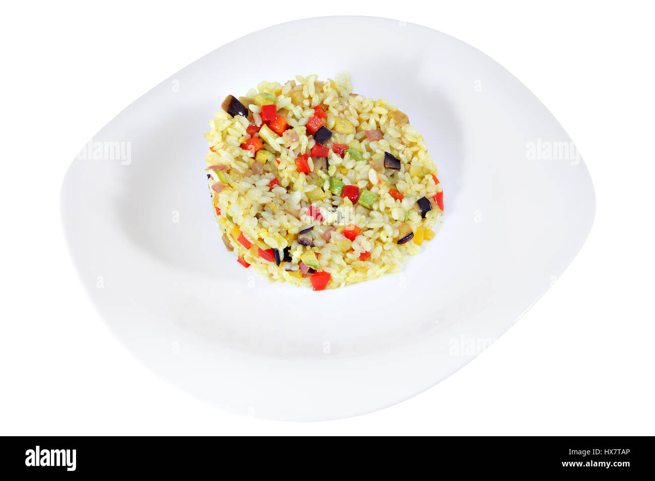 Vegetarian Boiled Rice with Vegetables Plate isolated on white ...