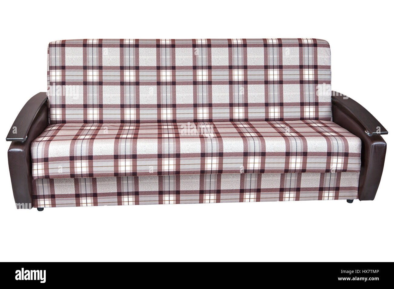 When folded, modern checkered fabric sofa bed 2 seater, isolated on ...