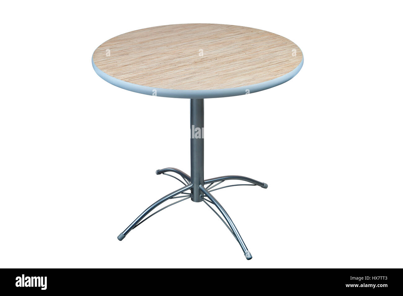 Round laminate table top with stainless steel base, isolated on white ...