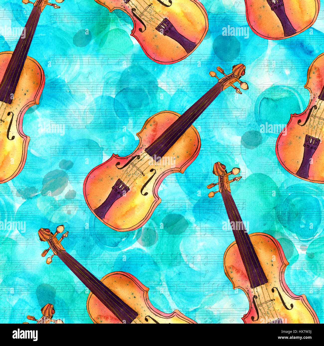A seamless pattern with hand drawn violins and faded sheet music with ...