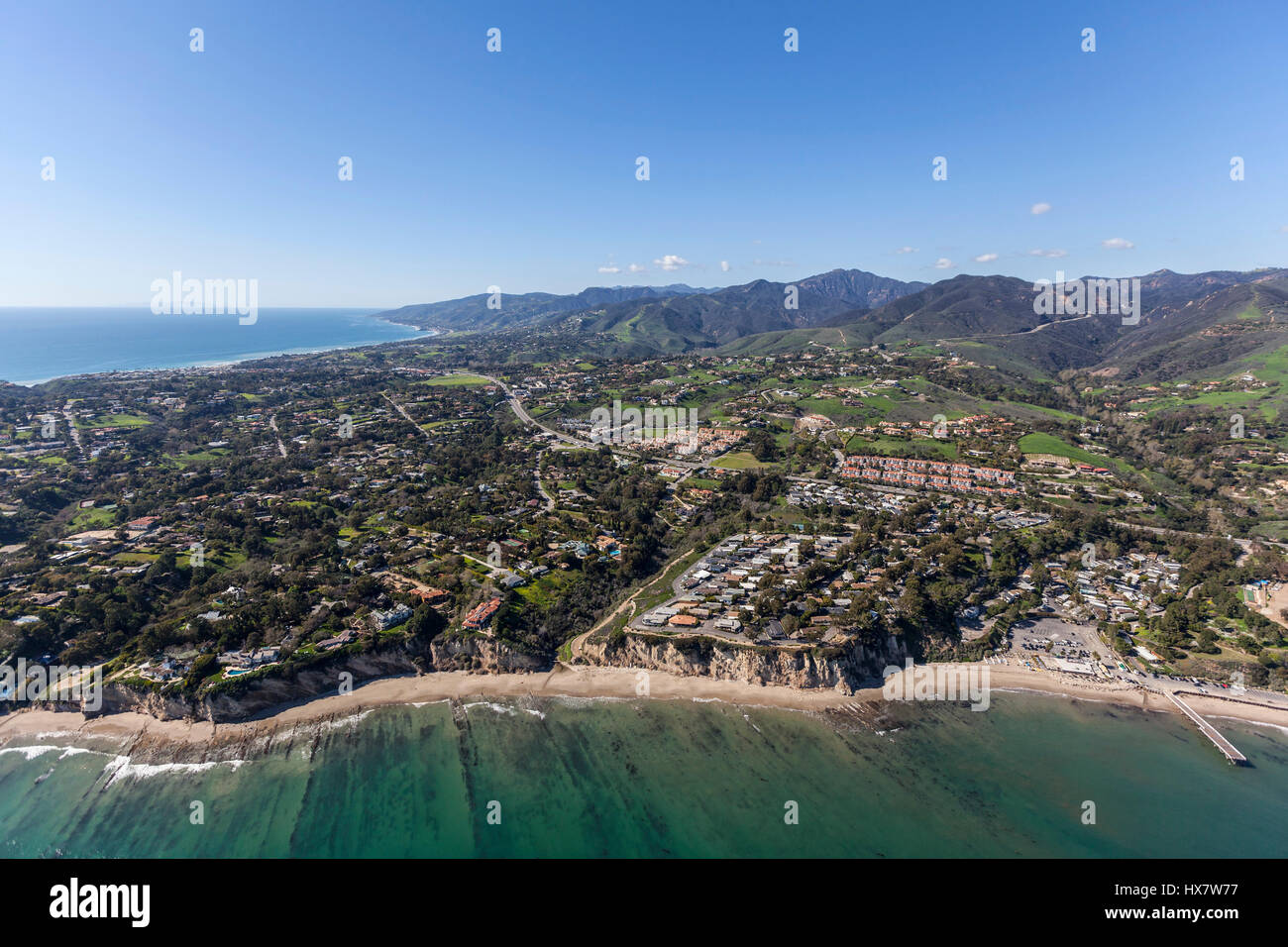 Aerial of ocean view homes near Paradise Cove in Malibu, California ...