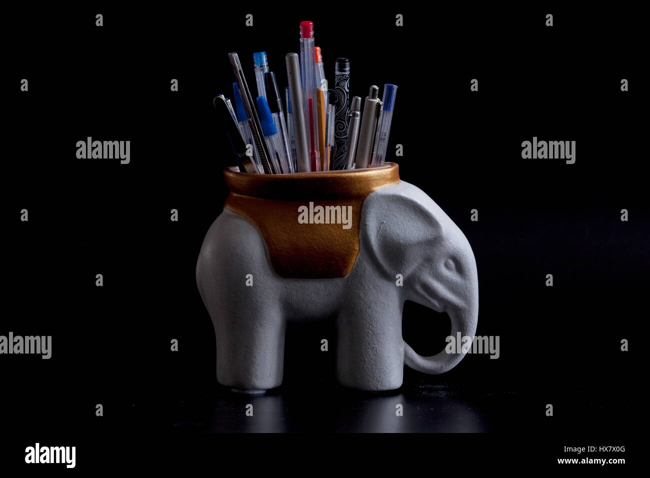 creative stationery Elephant holder pencils and pens still life Stock ...