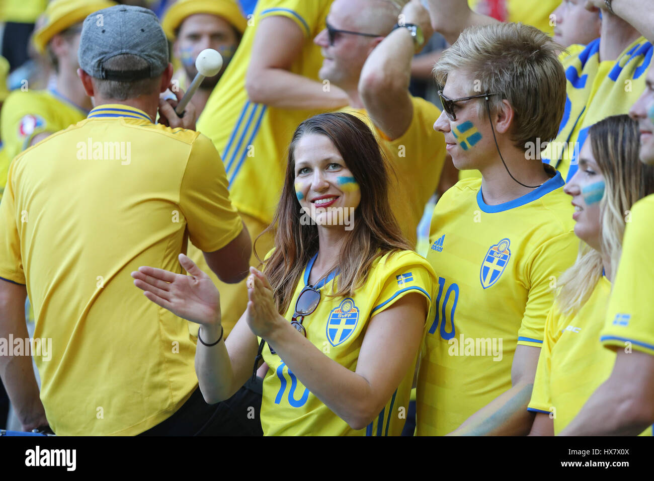 NICE, FRANCE - JUNE 22, 2016: Swedish fan shows her support during the ...