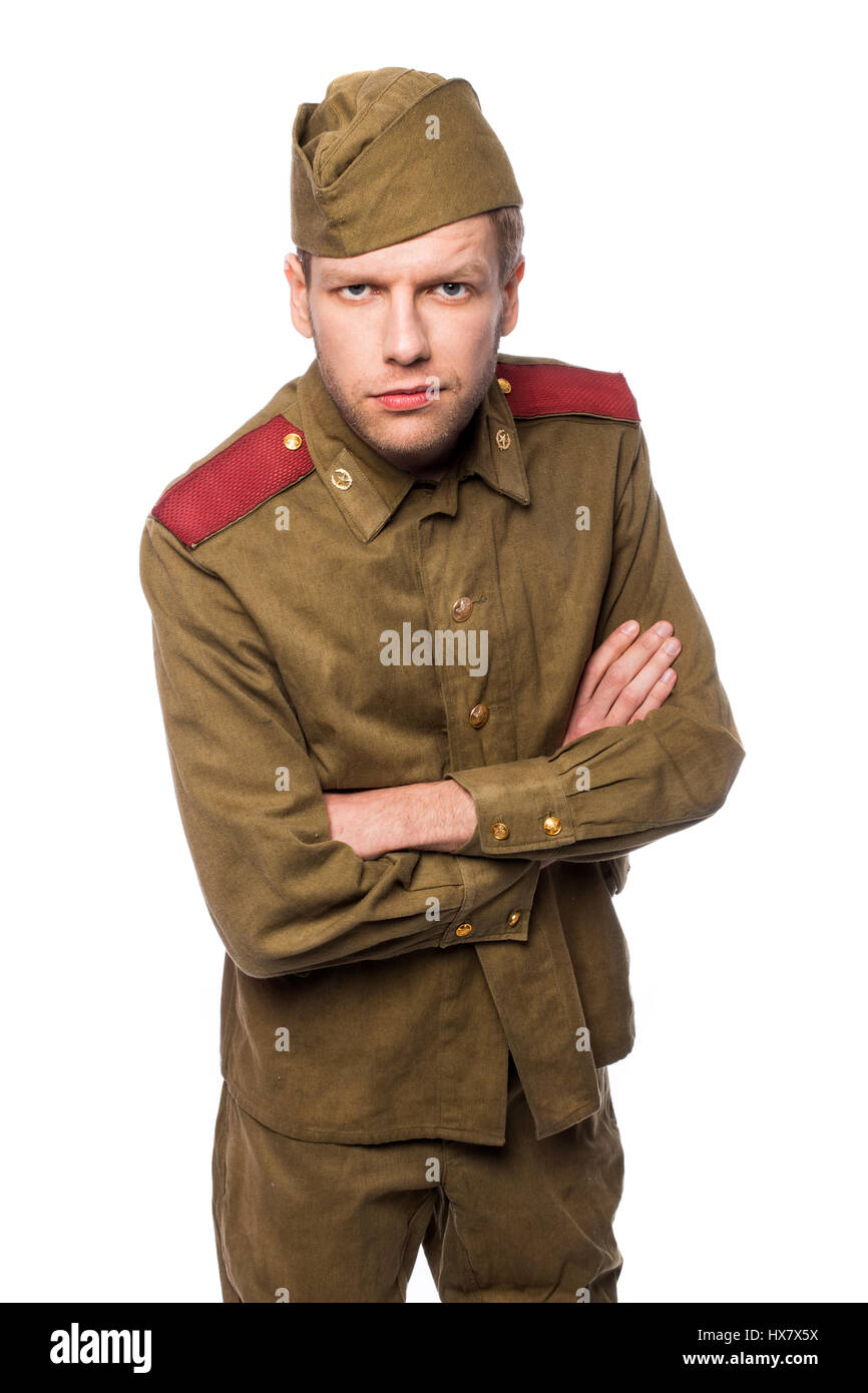 Russian soldier with second world war uniform. Studio portrait isolated ...