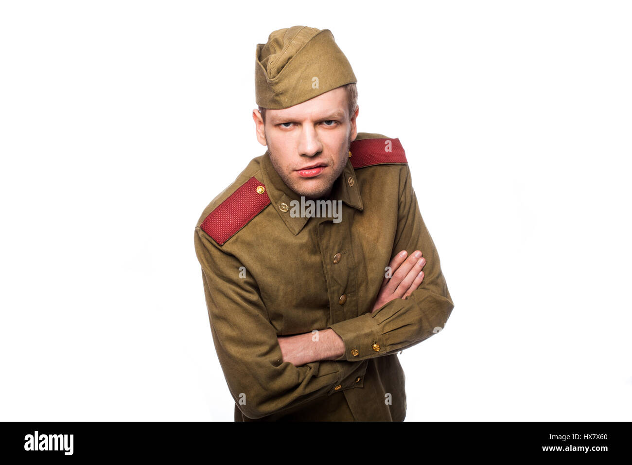Russian soldier with second world war uniform. Studio portrait isolated ...