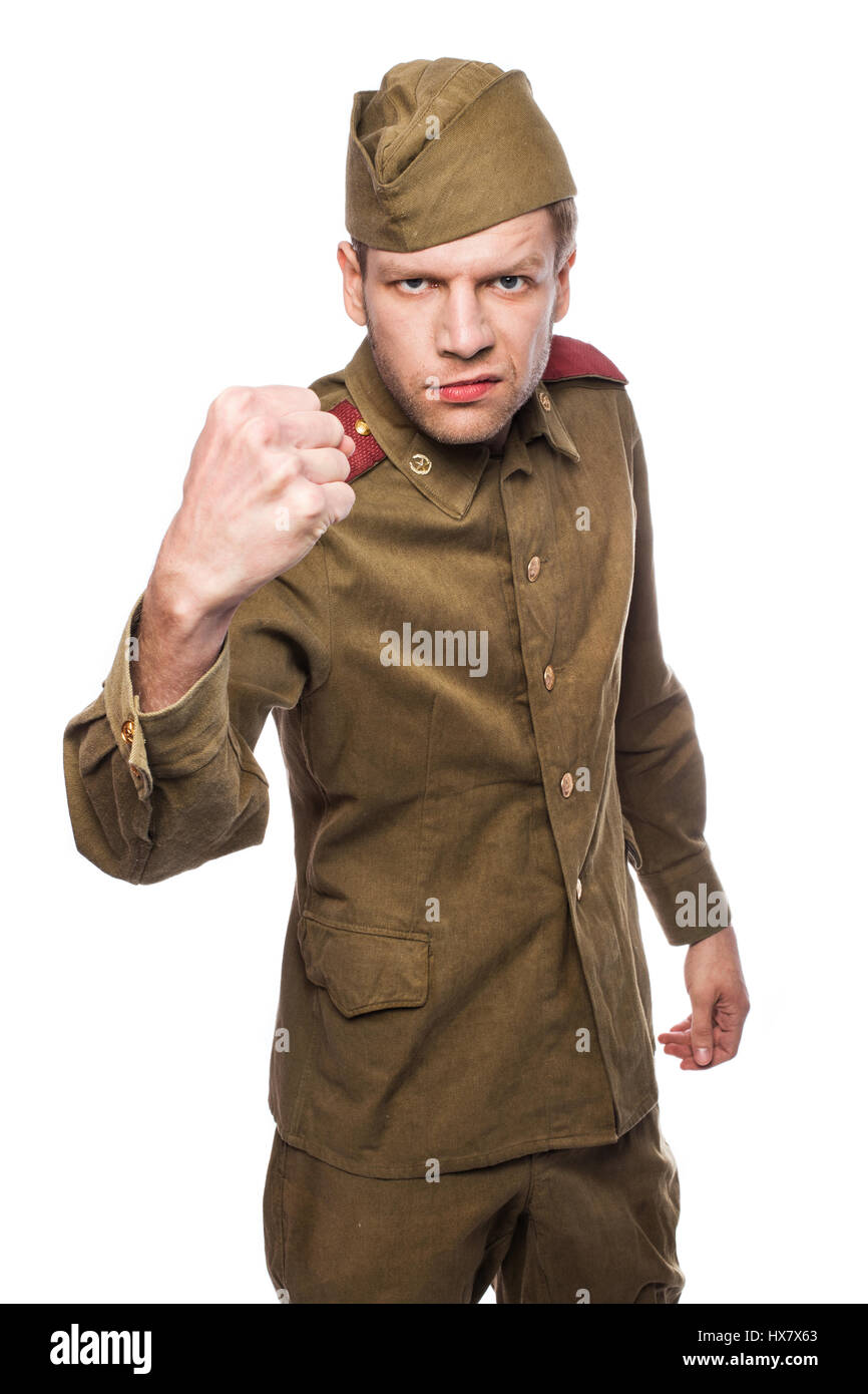 Russian soldier with second world war uniform. Studio portrait isolated ...