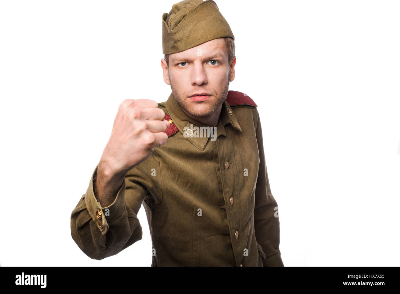 Russian soldier with second world war uniform. Studio portrait isolated ...