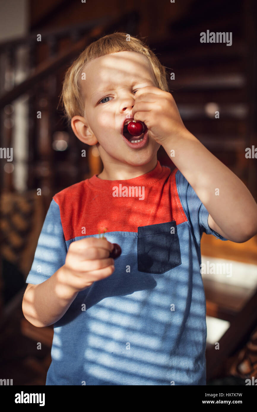 Happy little toddler boy eat berry. Outdoor portrait Stock Photo - Alamy
