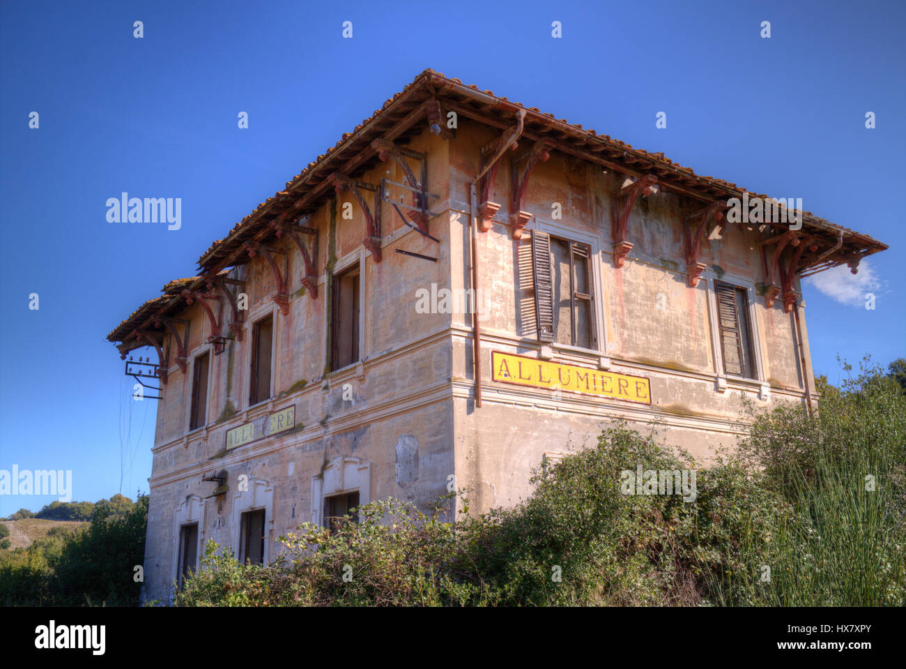 The old, abandoned station of Allumiere, near Rome, Italy, on an old ...