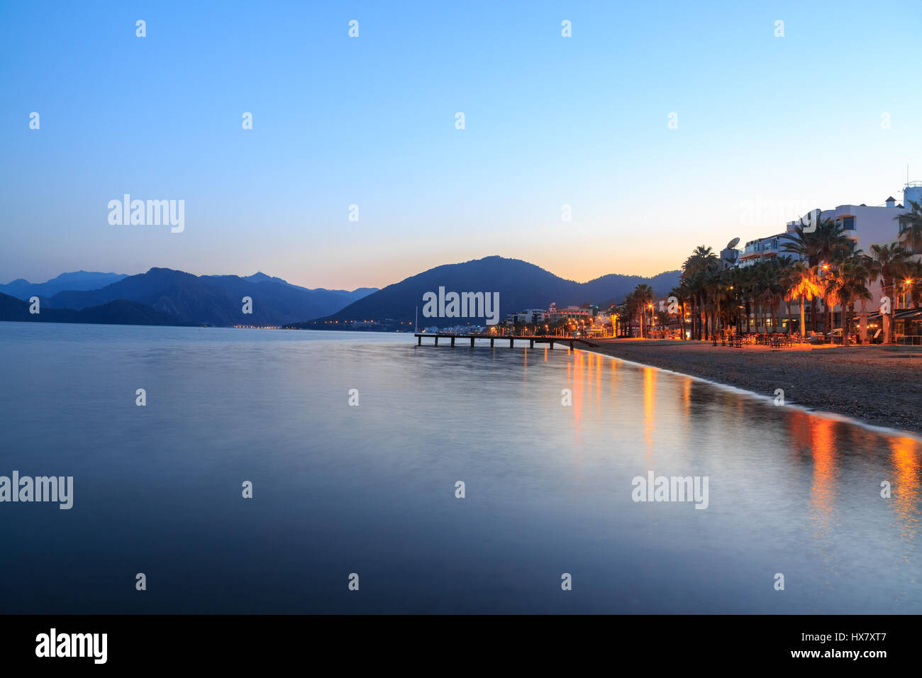 Marmaris beach evening on beach with mountains in Marmaris, Turkey ...