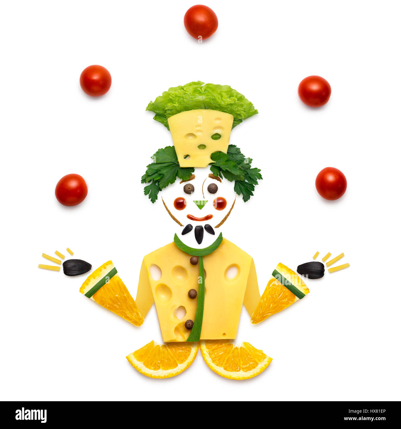 Creative food concept of a funny cartoon chef made of vegetables on ...