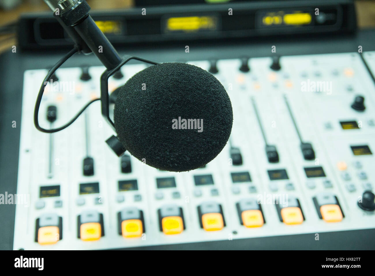 audio console and microphone in the radio Studio Stock Photo - Alamy