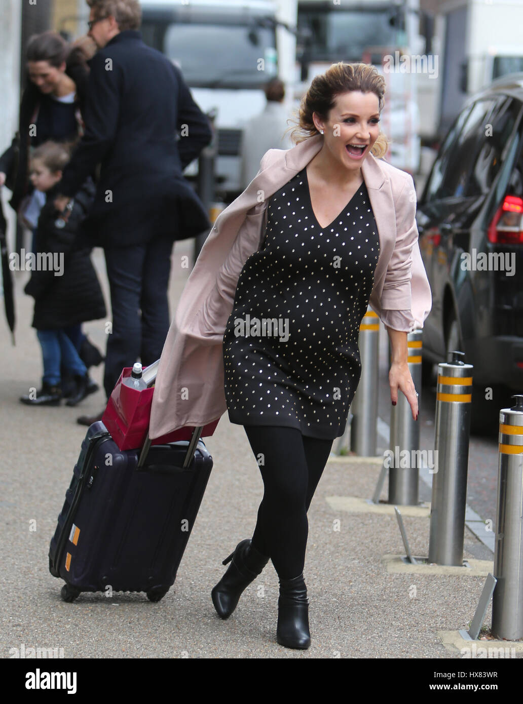 Helen Skelton gets caught out in Storm Doris outside ITV Studios ...