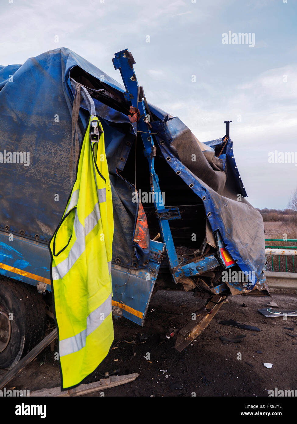 Semi-trailer truck damaged during the accident Stock Photo - Alamy