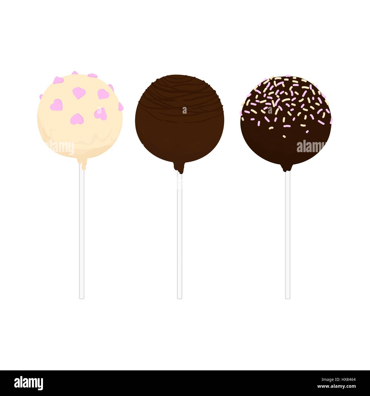 Set of isolated flat cake pop. Cupcakes round shape on a stick. Hand ...