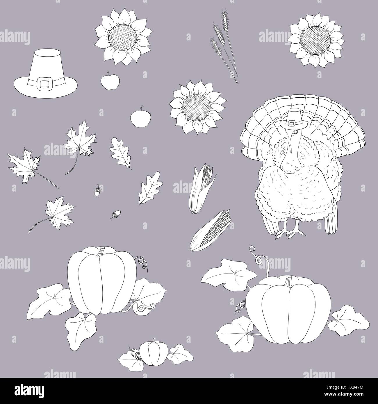 Set of elements for Thanksgiving. Dark outline with white fill ...