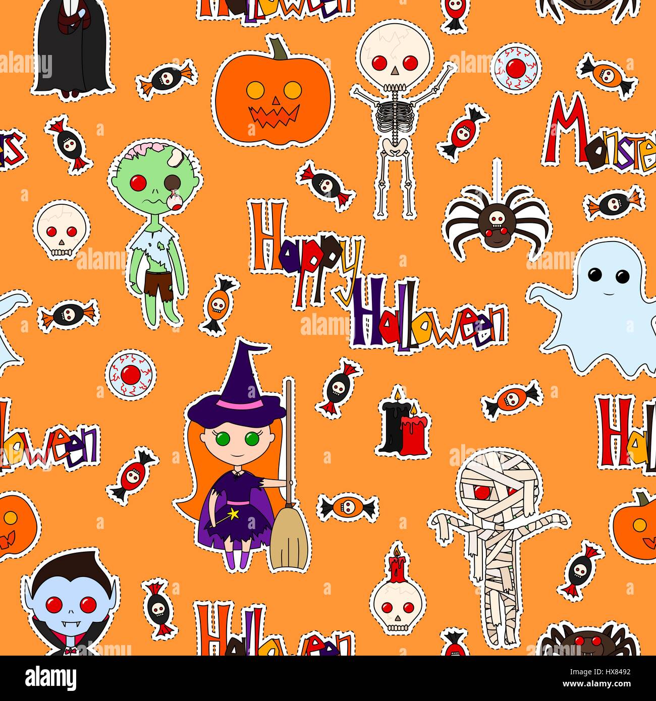 Seamless pattern with cute cartoon monsters, various objects and words ...