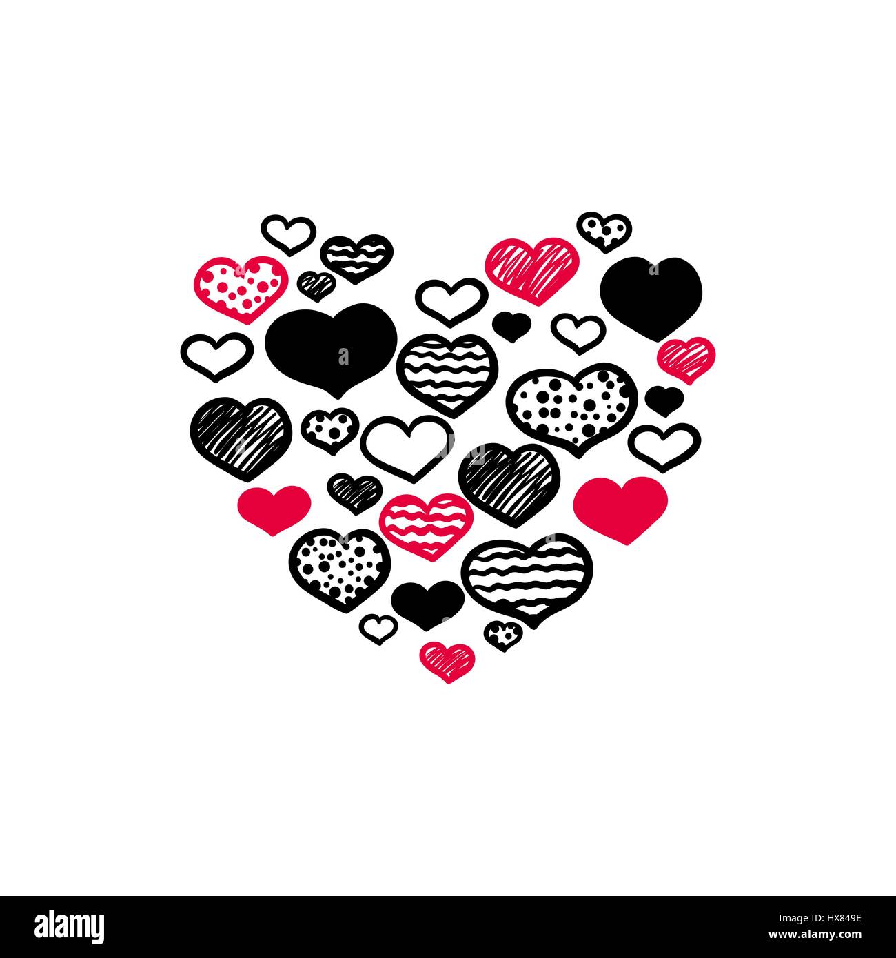 The heart consists of a variety of different sized hearts drawn by hand ...