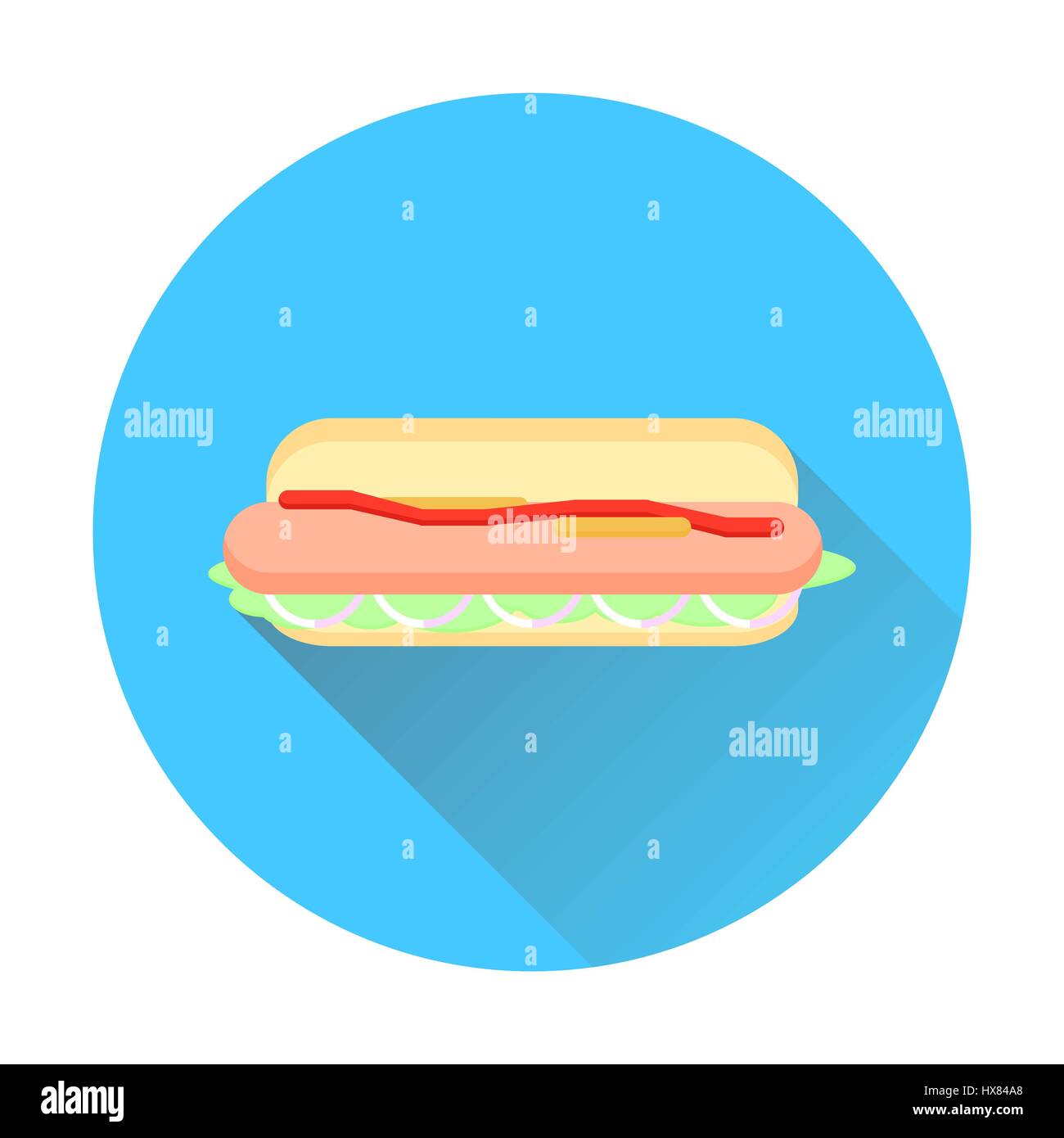 Flat hot dog with bun and with a long shadow. Icon hot dog. Vector ...