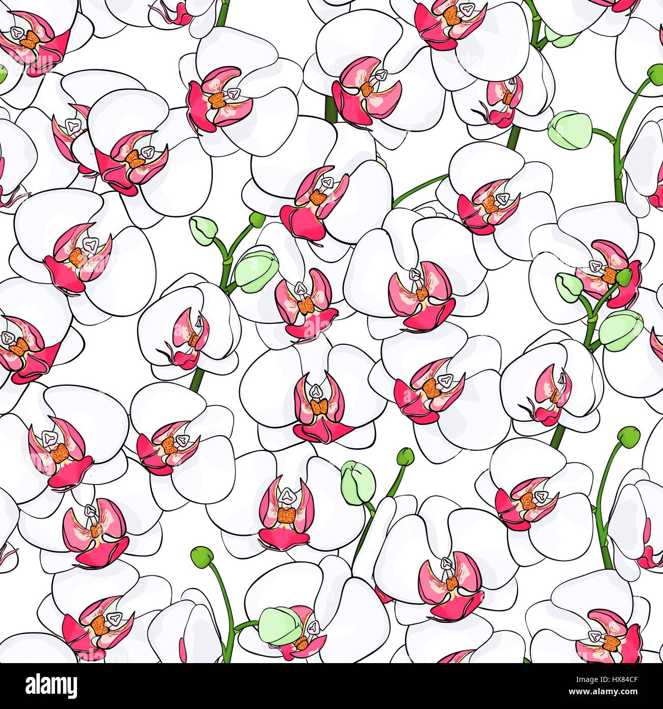 Seamless natural pattern of blooming white orchids with bright middle ...