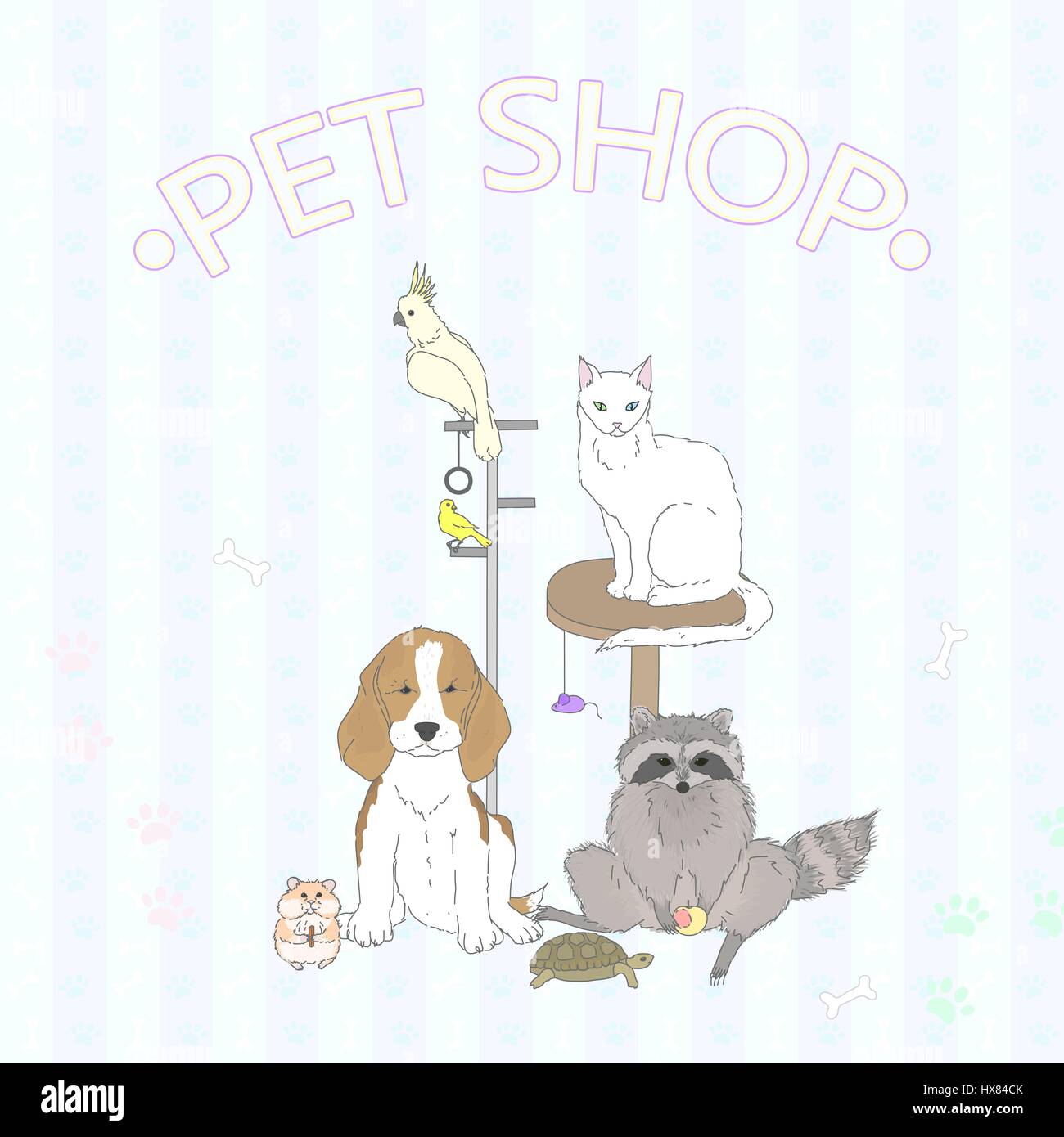 Pet Shop. Various cute pets on pastel background with decorative ...