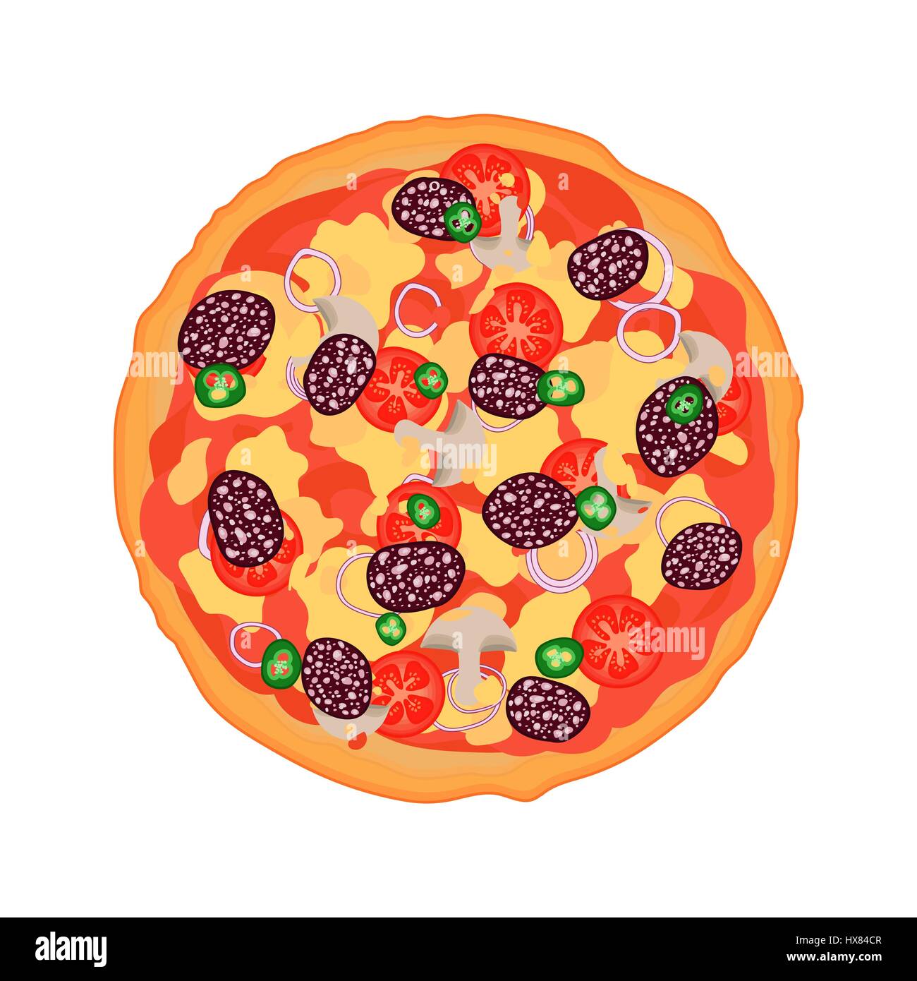 Flat Italian pizza with tomatoes, onions, salami, hot peppers ...