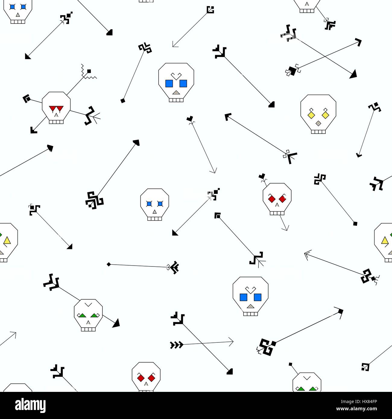 Seamless pattern with stylized skulls and arrows on a white background ...