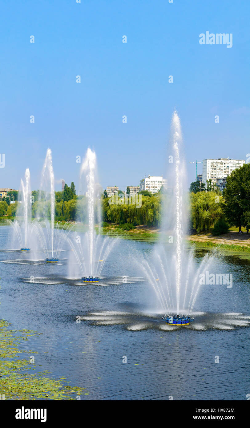 Fountains in Kiev District Rusanovka fountains panorama. Kiev Ukraine ...