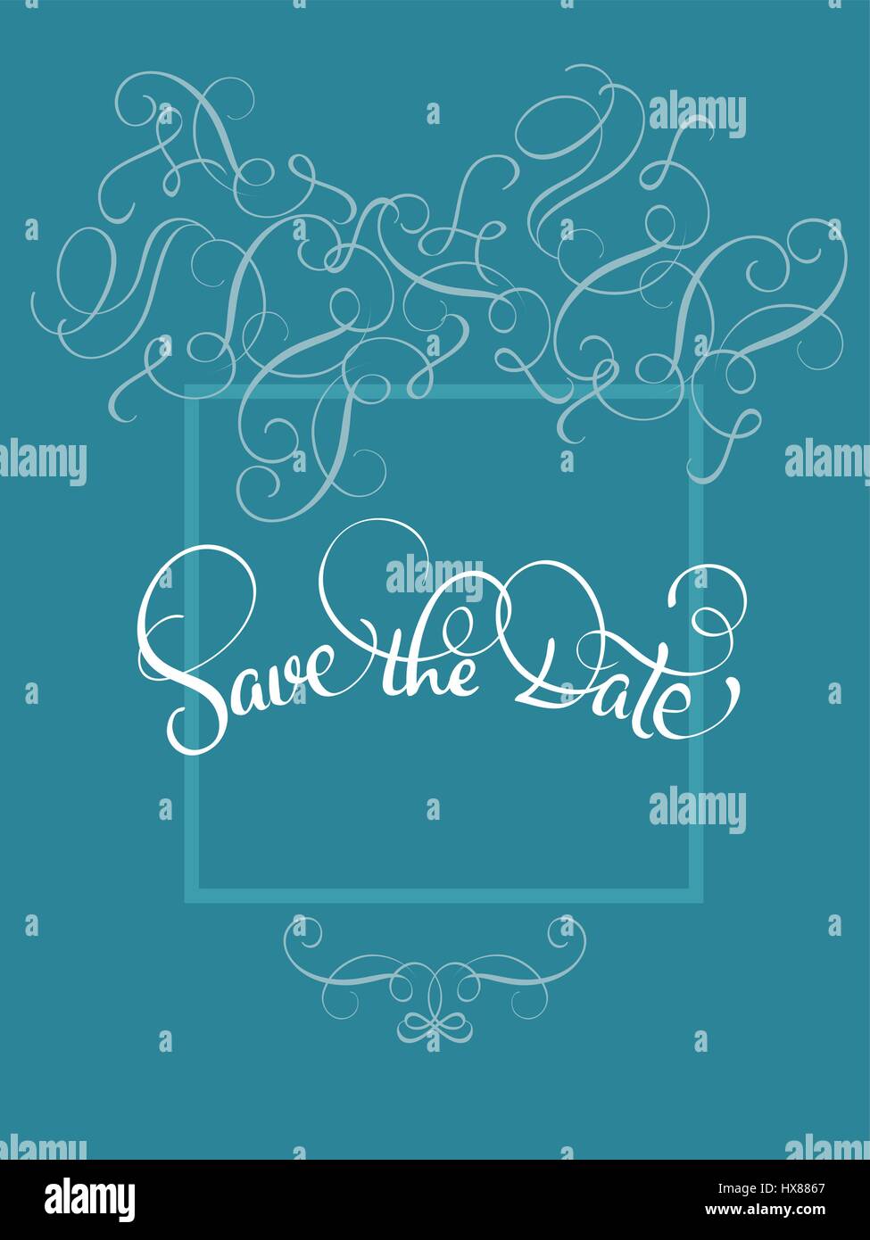 Save The Date Text In Frame On Blue Background Calligraphy Lettering Vector Illustration Eps10