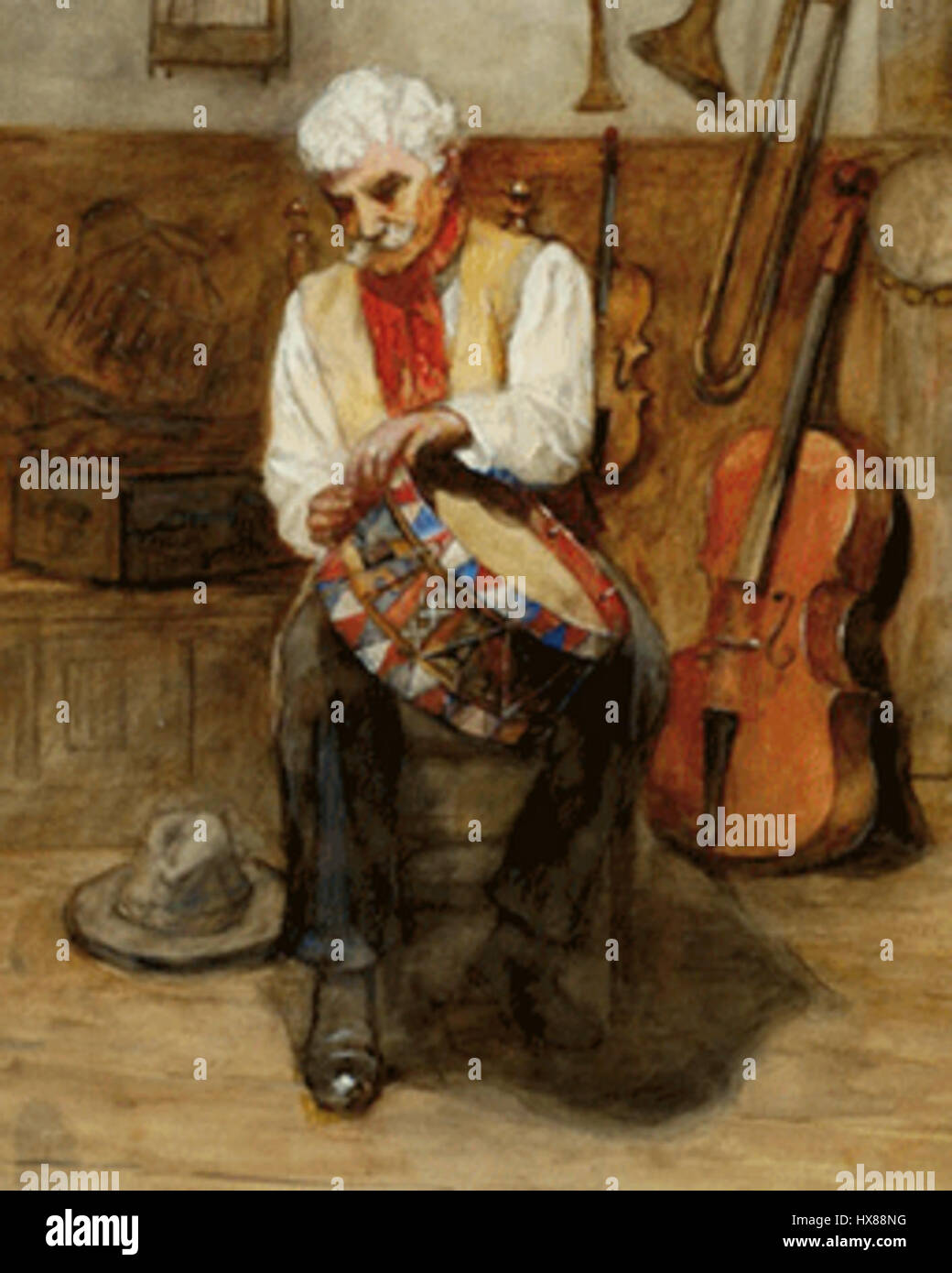 'Man met trommel' is a portrait of a man holding a drum, likely ...