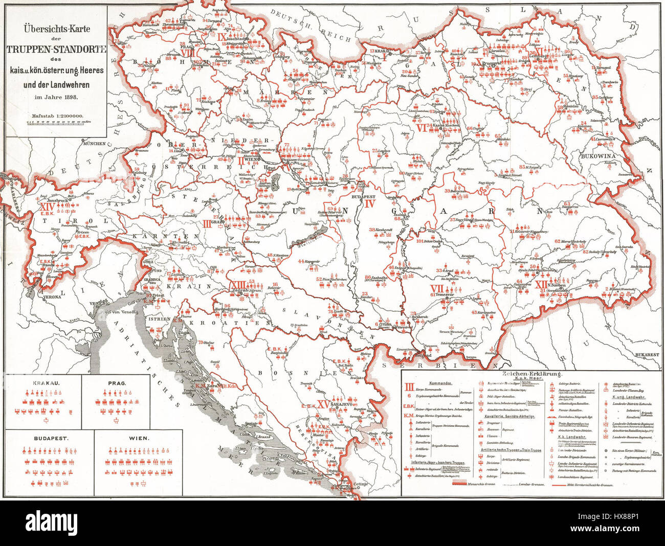 'Mapa C.K. Garnizonow (Landwehra) 1898' is a map of military garrisons ...