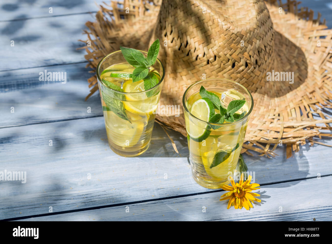 Cold drink with lemon and mint leaf Stock Photo - Alamy