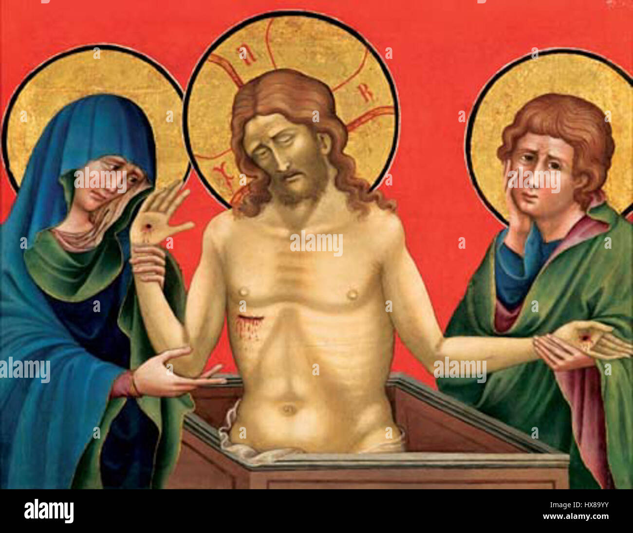 This painting by Nicolò Semitecolo depicts the Pietà, illustrating the Virgin Mary cradling the ...