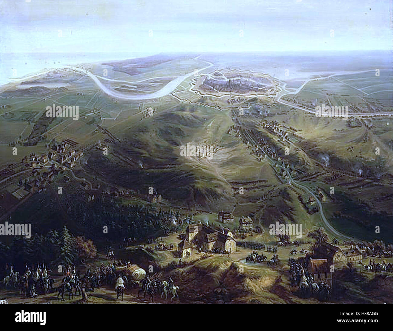 This panoramic view depicts the Siege of Gdańsk (Danzig) in 1807, a ...