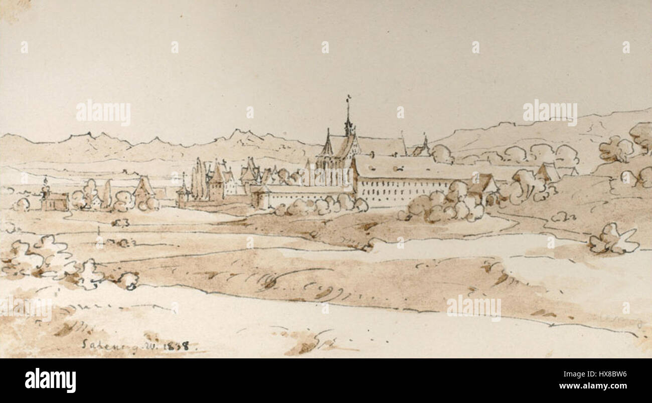 A historical depiction of Salem in Baden, painted in 1838, illustrating ...