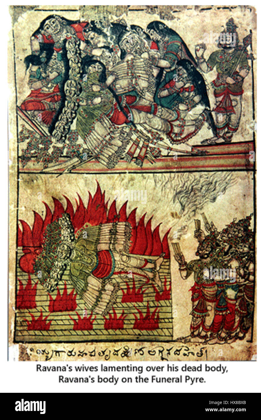 A dramatic depiction of Ravana's wives mourning over his lifeless body ...