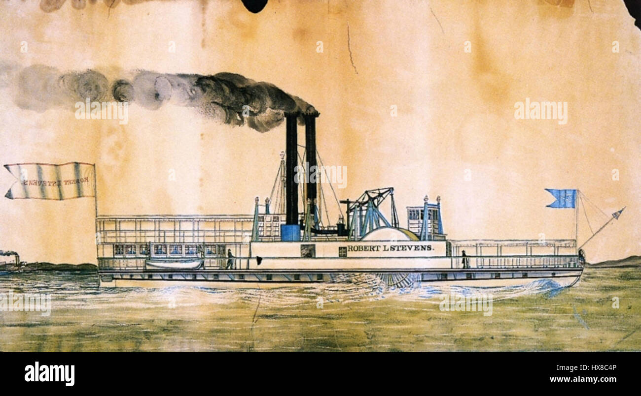 The image portrays Robert L. Stevens, an early steamboat, constructed ...