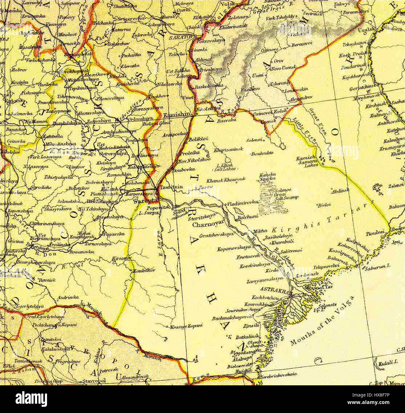 The map of the Volga and Don River basins from 1882 illustrates the ...