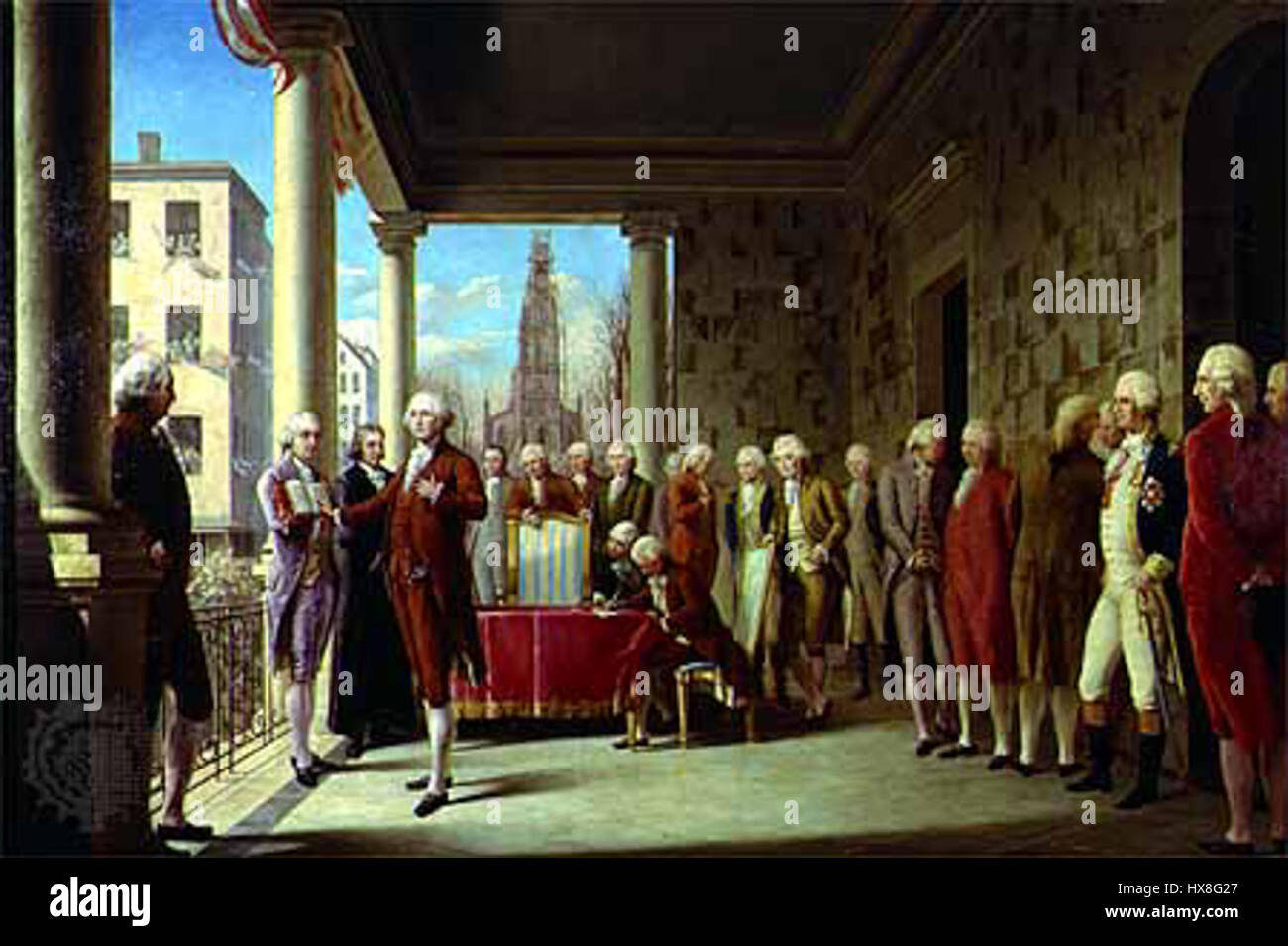 This artwork depicts George Washington’s inauguration as the first ...