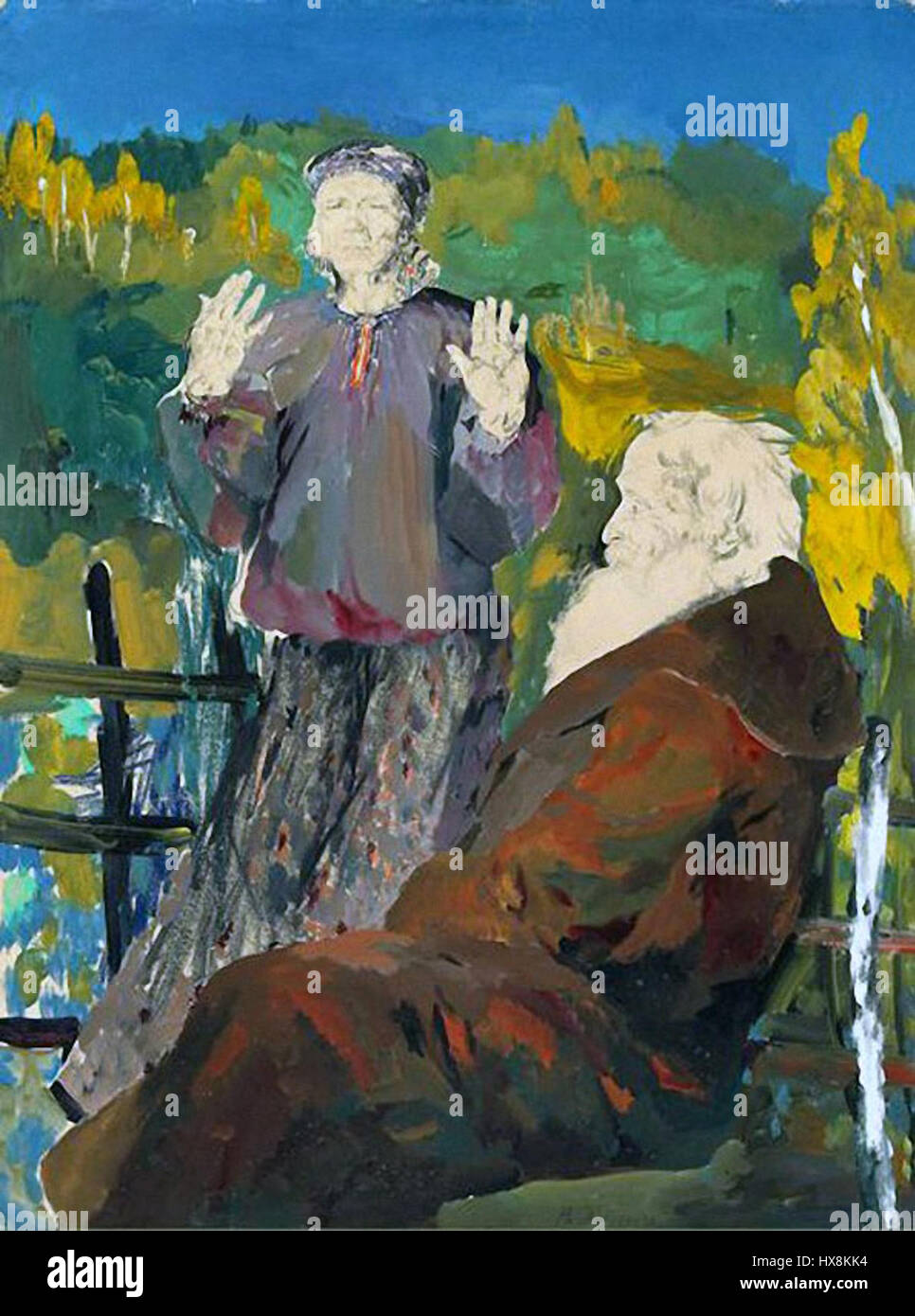 In ‘Old Peasant Couple in Autumn Landscape’ by F. Malyavin, the artist ...