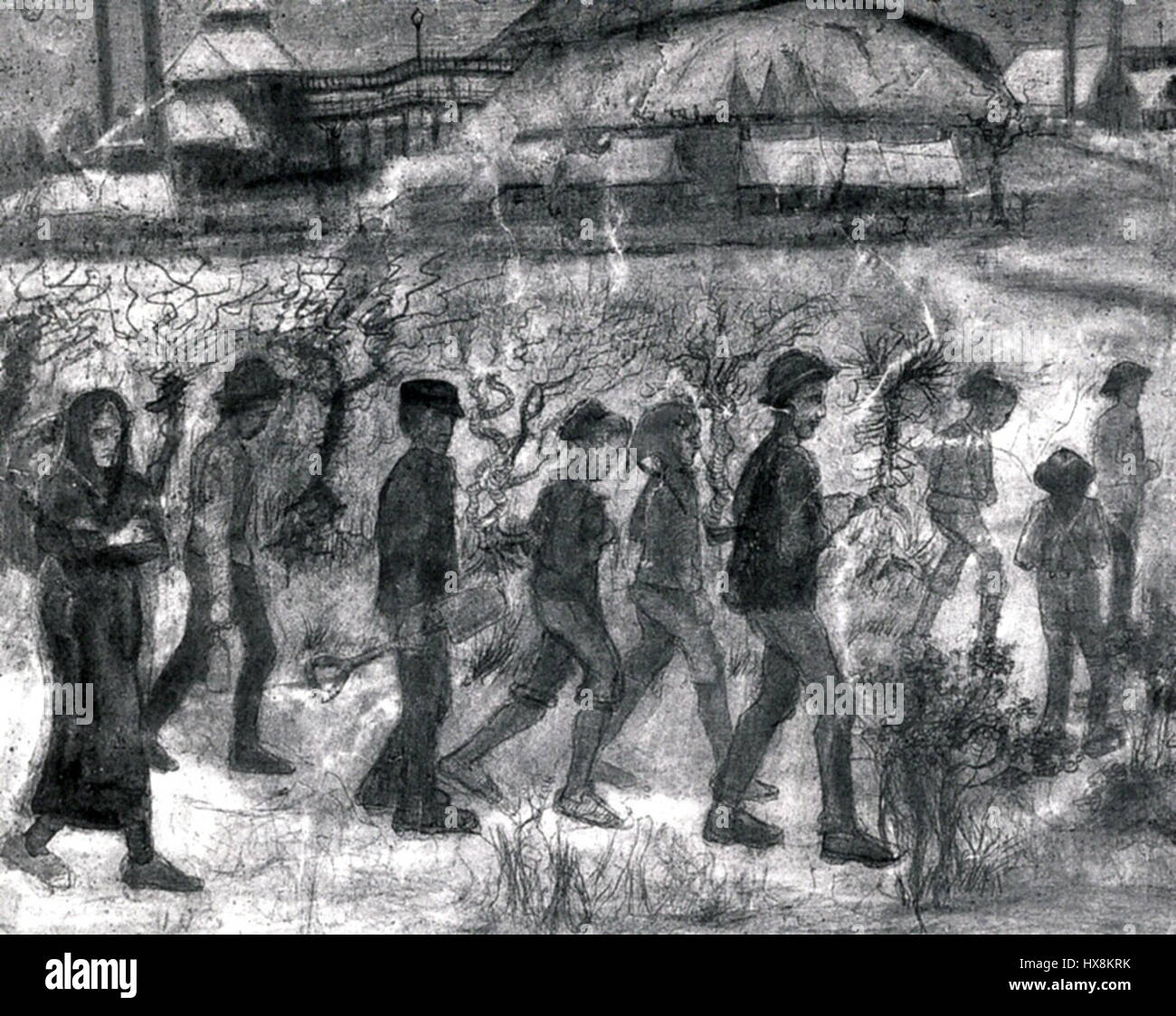 This artwork depicts miners at work in Cuesmes, Belgium, around 1880 ...