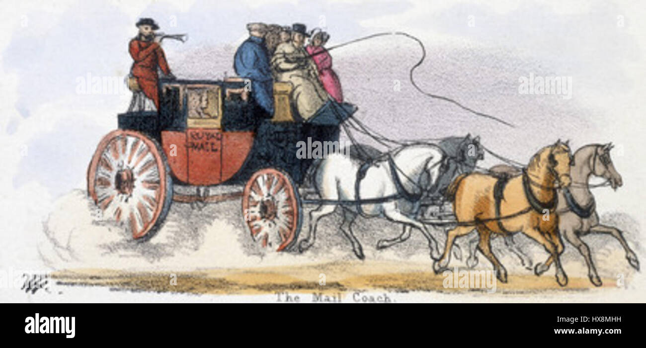 A depiction of a mail coach from around 1845, showcasing the historical ...