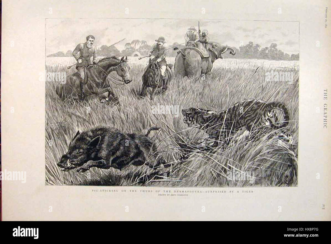 The artwork titled 'Pigsticking 1891' likely depicts a scene involving ...